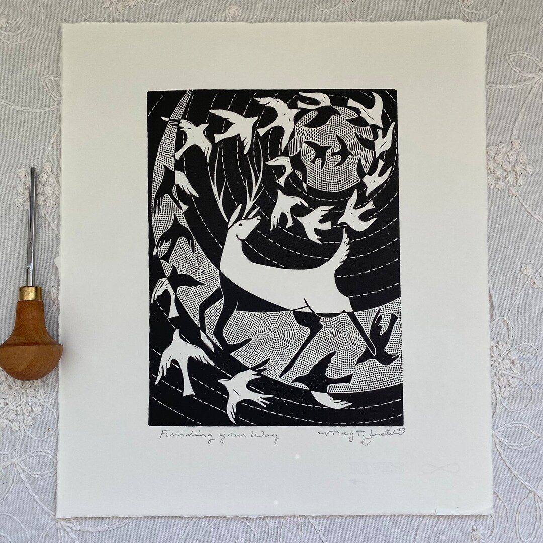 Finding Your Way Linocut in Black, Bird Linocut,handprinted ...