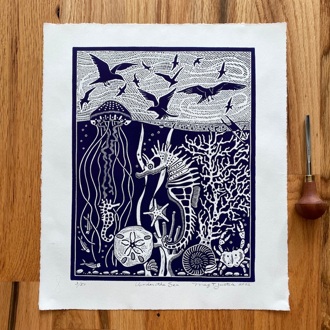 Under the Sea Blue Linocut Print,handprinted Block Print,ocean Lovers ...