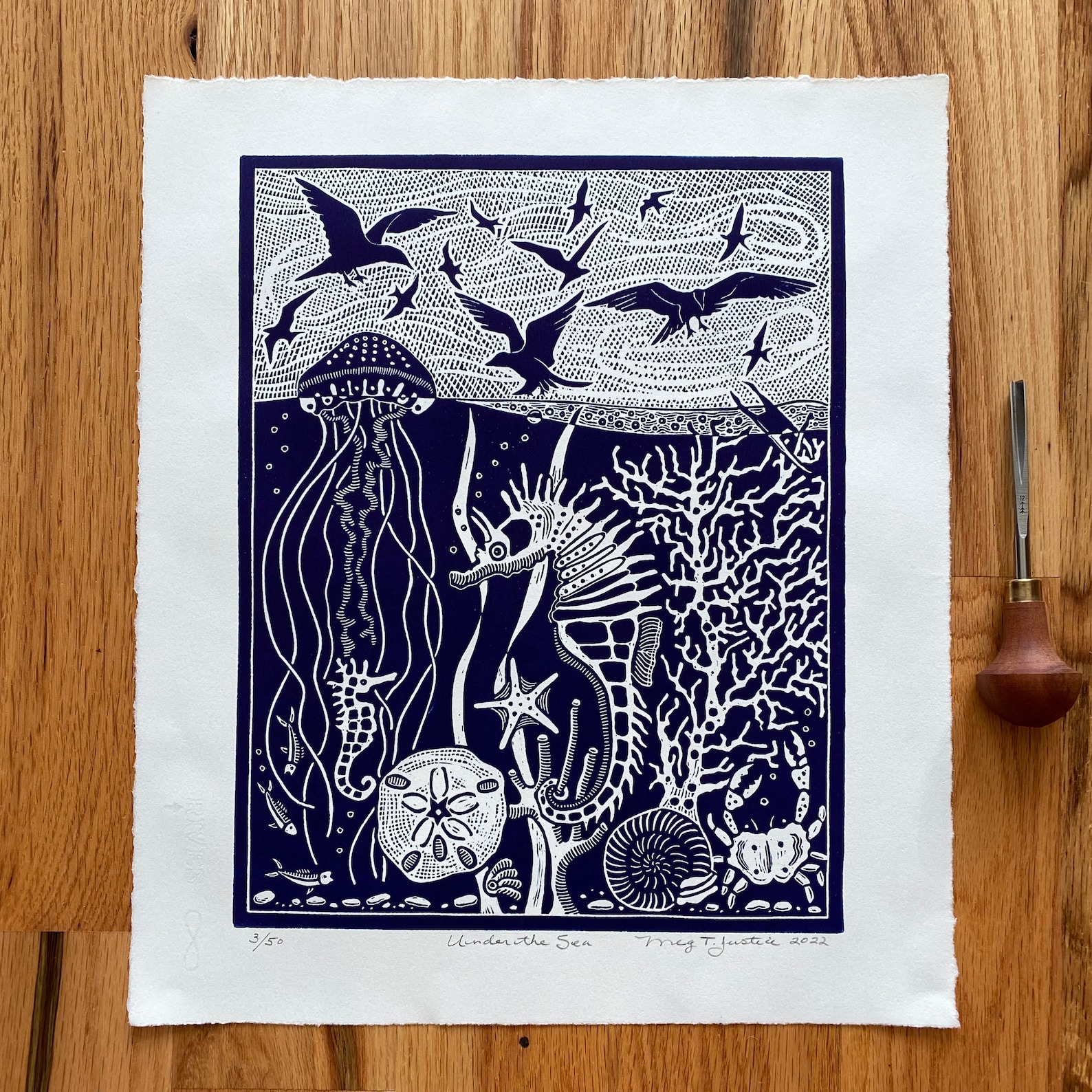 Under the Sea Blue Linocut Print,handprinted Block Print,ocean Lovers ...