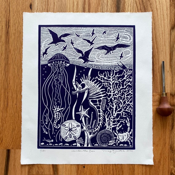 Under the Sea Blue Linocut Printhandprinted Block Printocean | Etsy