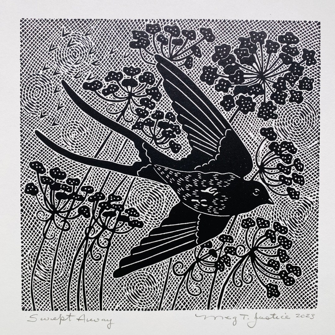 Swept Away Linocut in Black,swallow Linoprint,bird in Meadow Linocut ...