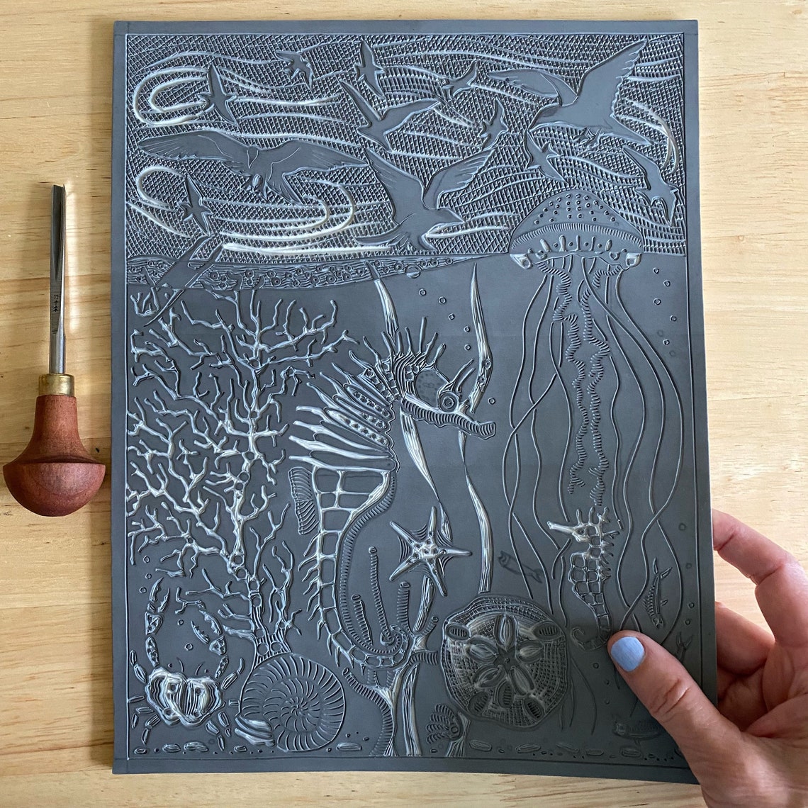 Under the Sea Blue Linocut Print,handprinted Block Print,ocean Lovers ...