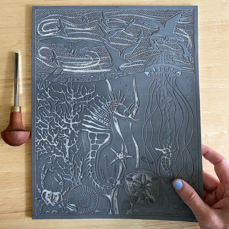 Under the Sea Blue Linocut Printhandprinted Block Printocean | Etsy