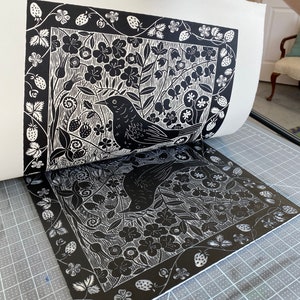 Strawberry Spring Linocut Print in Black,blackbird in Garden Linoprint ...