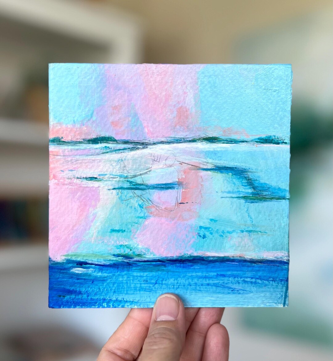 Abstract Blue DAWN Landscape Painting: Small Colorful Art on 5x5 Inch ...