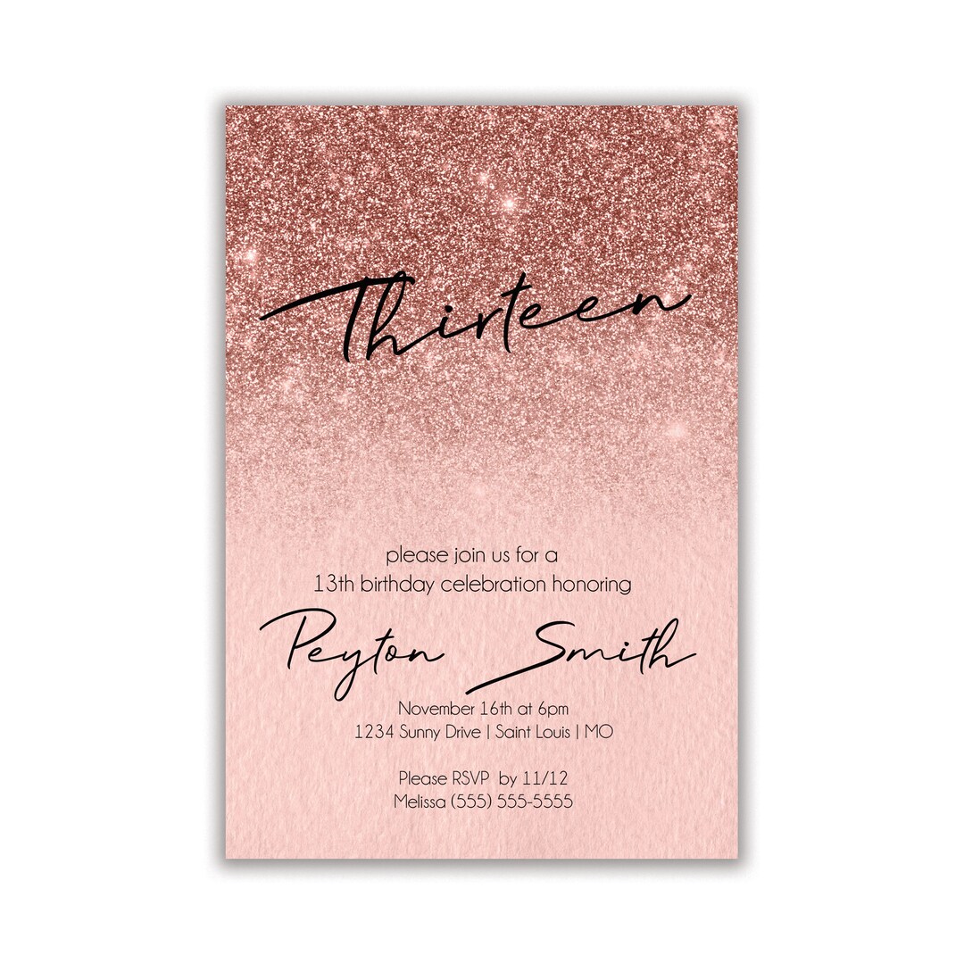 Rose Gold Birthday Party Invitation, Personalized, Envelopes Included ...