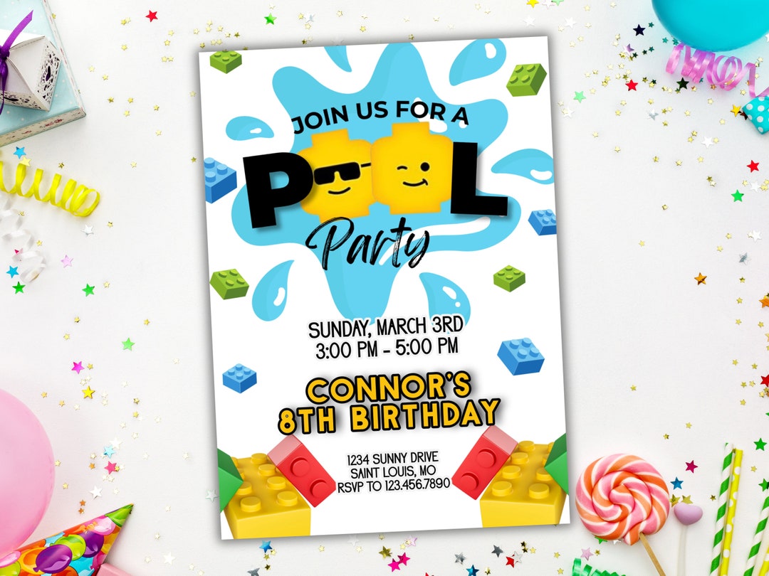 Kids Birthday Party Invitation, Bricks, Pool Party, Instant Download - Etsy