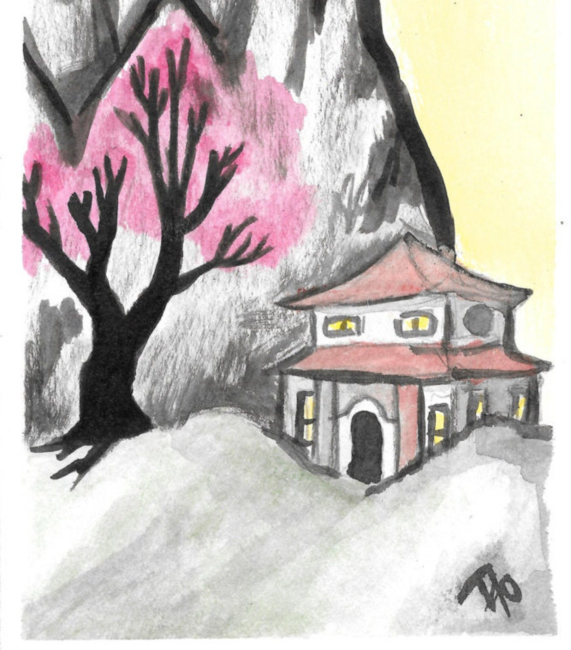 Traditional Chinese Cherry Tree and House Painting, Original 4 × 9 Inch ...