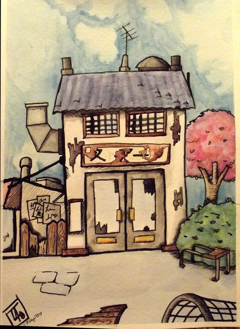 Japanese Storefront Art, Original 9 × 12 Inch Ink and Watercolor ...
