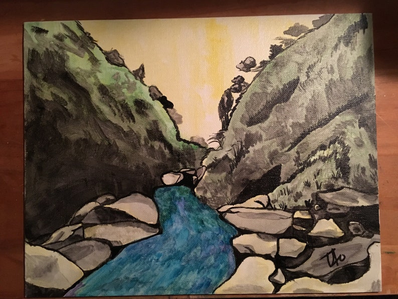 Stream Between Two Mountains, 11 X 14 Inch Canvas Panel, Original ...