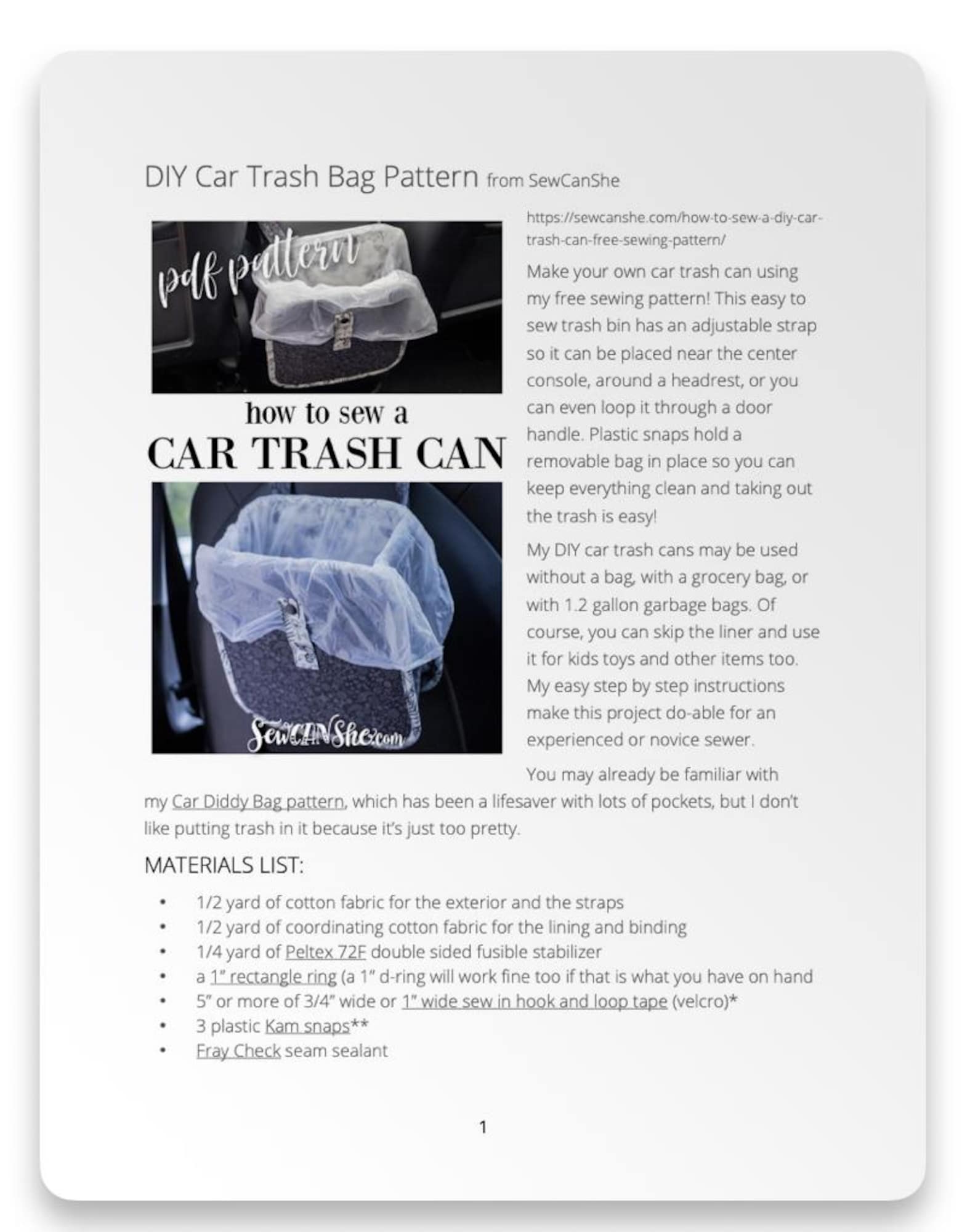 DIY Car Trash Can Sewing Pattern - Easy Auto Garbage Bag PDF - Keep ...