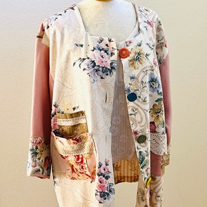 Whimsical Pink Floral Gardener’s Jacket, Button Front Multi Fabric ...