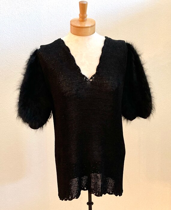 Black Silk and Angora Hand Crochet Puff Sleeve Sweate… - Gem