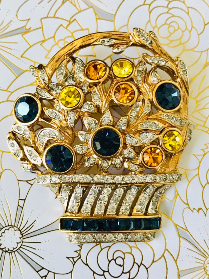 Vintage Vogue Bijoux Jeweled Flower Basket Brooch Signed | Etsy