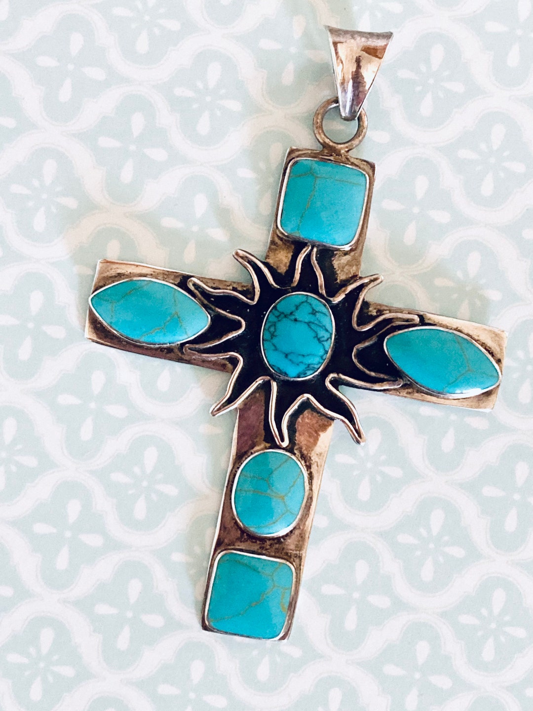 Mexican Sterling Silver and Turquoise Large Cross Pendant - Etsy