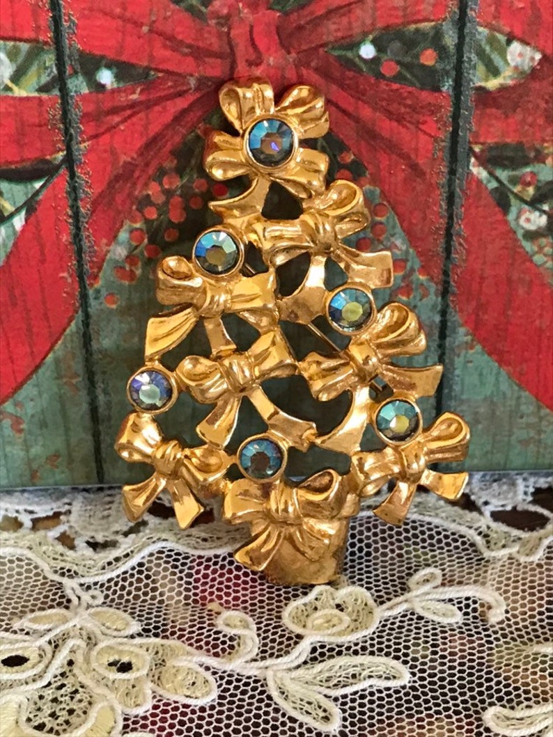 Vintage Avon Christmas Tree Brooch Gold Bow Tree With AB - Etsy