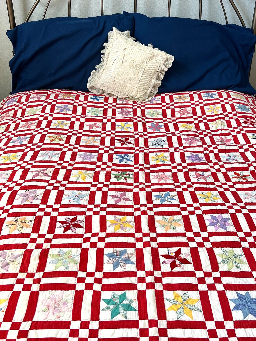 Vintage Red White Patchwork Stars Quilt, 58” X 77” - Etsy