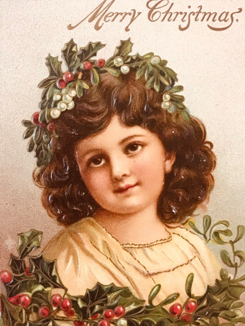 Antique Christmas Postcard Portrait of Girl with Holly | Etsy