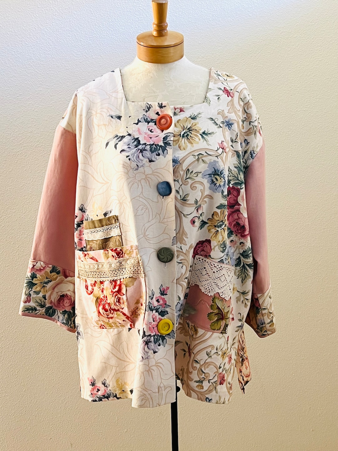 Whimsical Pink Floral Gardener’s Jacket, Button Front Multi Fabric ...