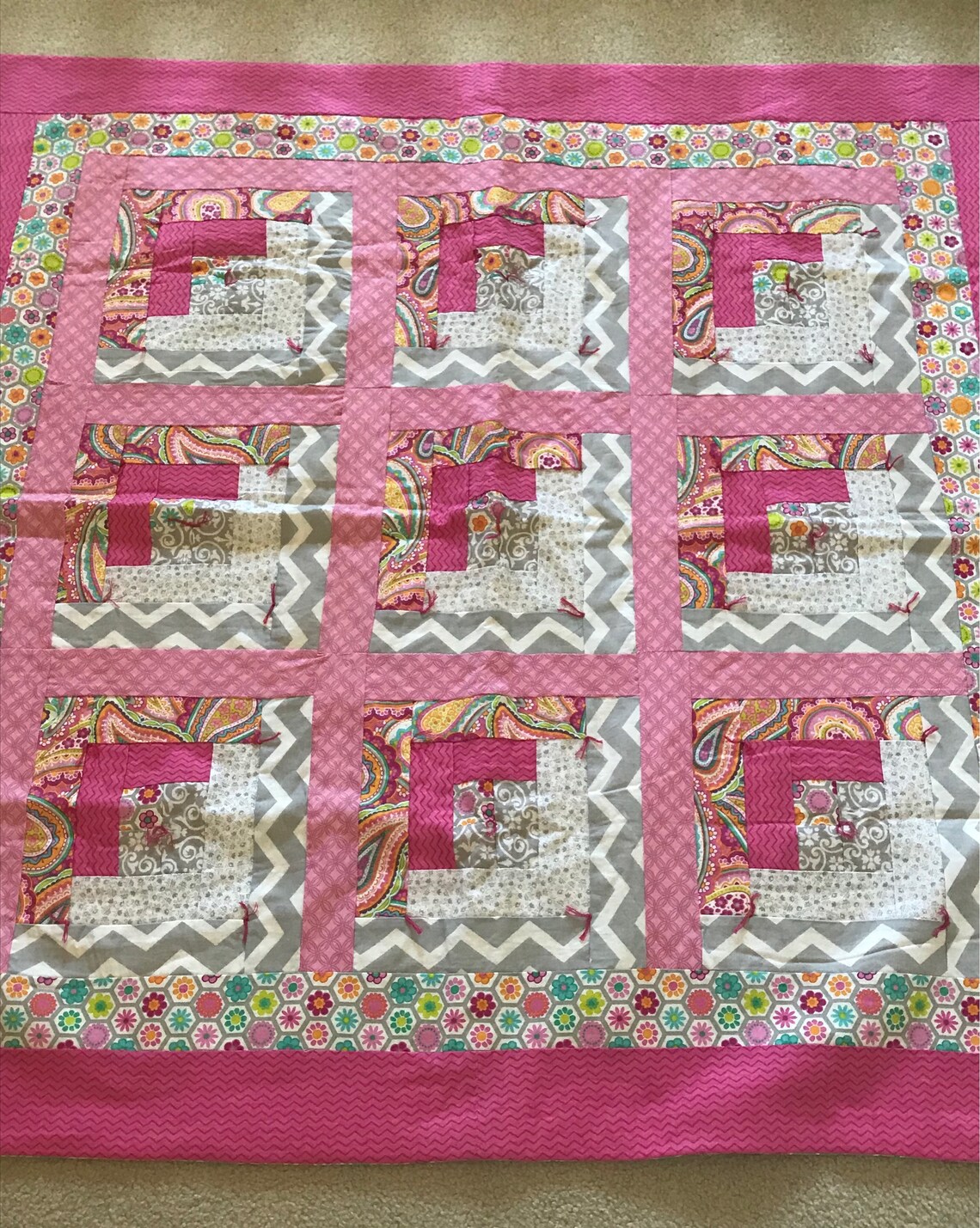 Colorful Pink Cotton Quilt Handmade Hot Pink Grey Modern - Etsy