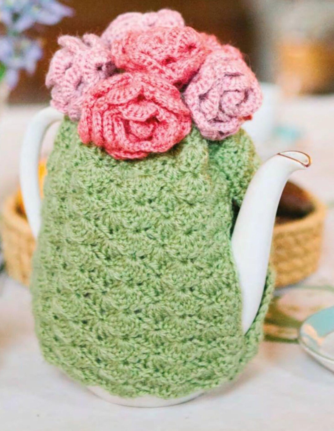 Roses Roses Tea Cosy Crochet Pattern 8ply in Fern Melon Rosey Pink - Etsy