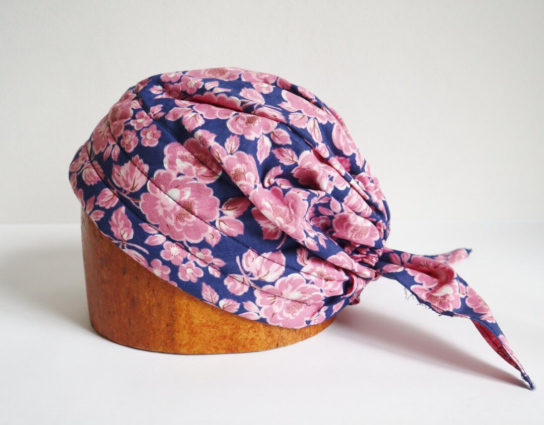 Blue 60s Headscarf With Pink/white Floral Print // Ready to Wear // 100 ...
