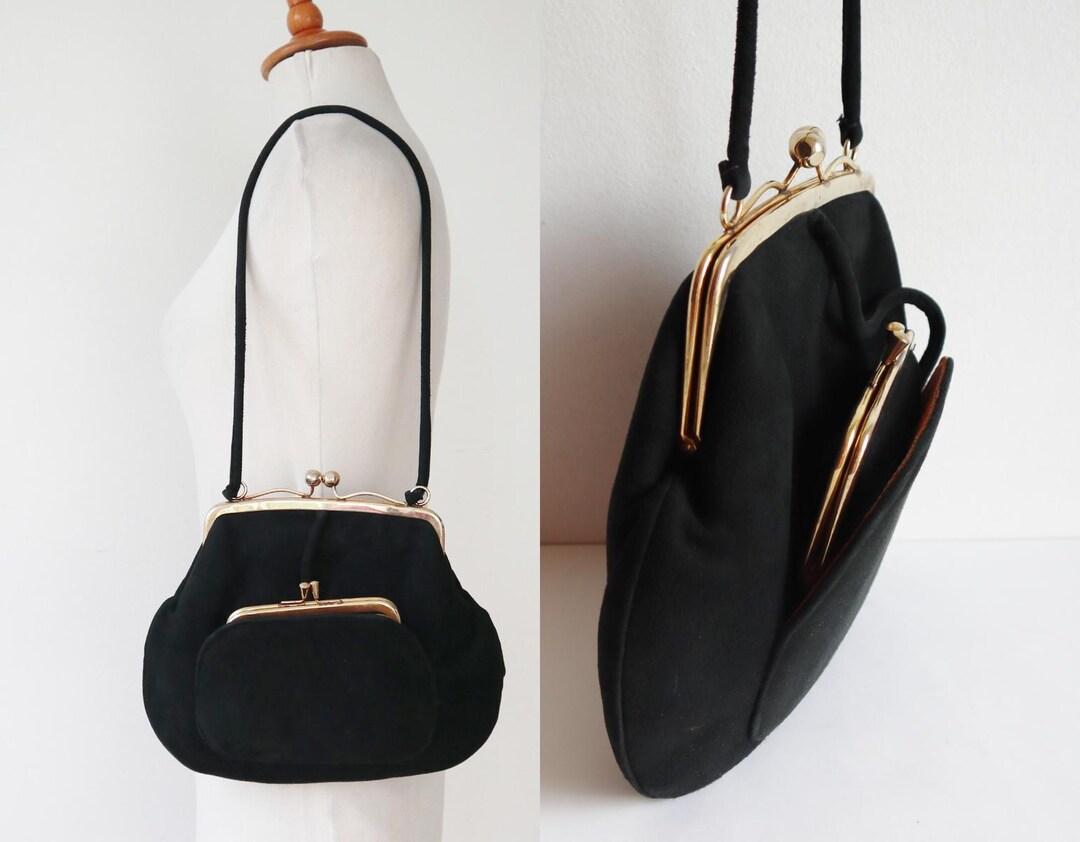 Black 50s Suede Shoulder Bag/party Bag With Wallet and Golden Closure ...