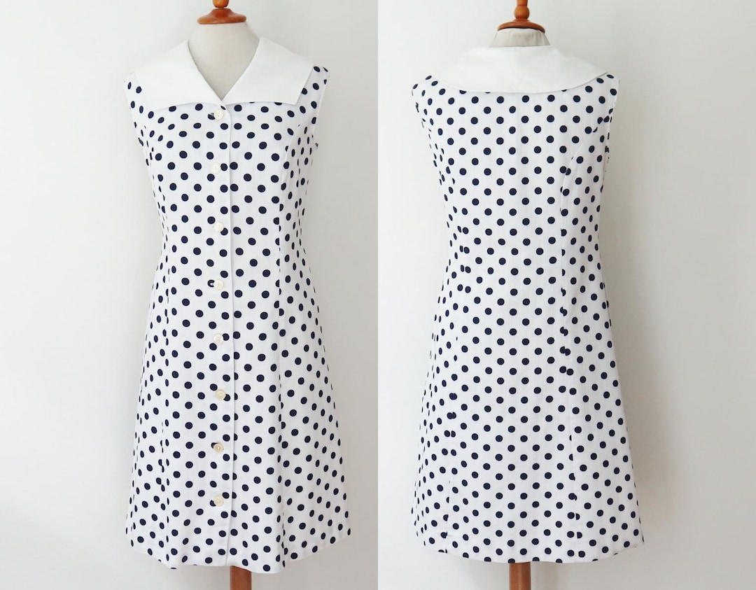 White 60s Ribbed Cotton Vtg. Summer Dress With Blue Polkadot Print ...