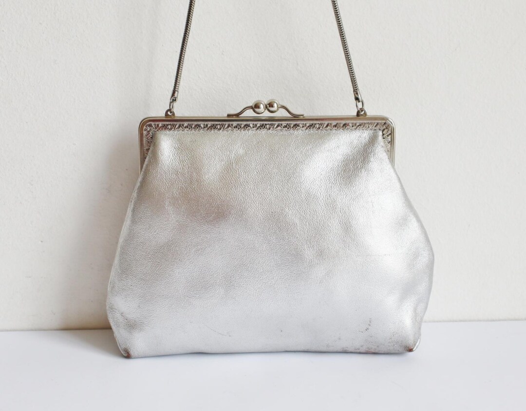 60s Silver Top Handle Bag // Party Bag // Leather - Etsy