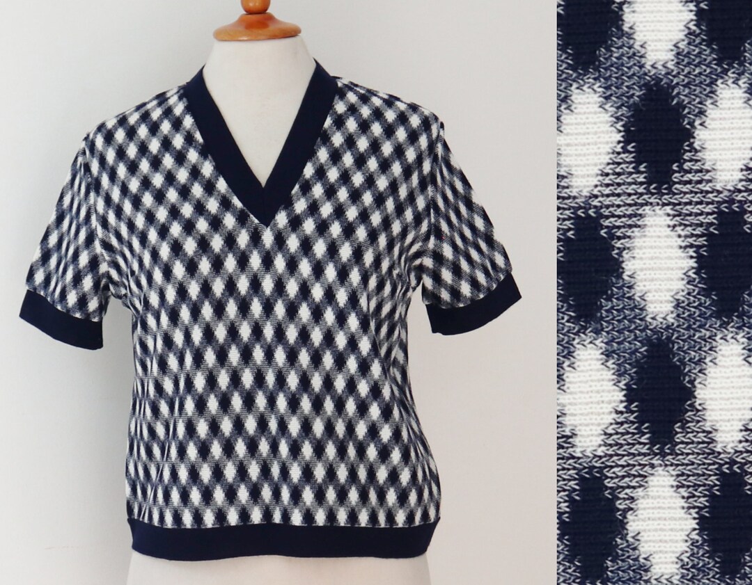 Beautiful Blue/white 60s Knit Blouse With Graphic Pattern // V-neck Top ...