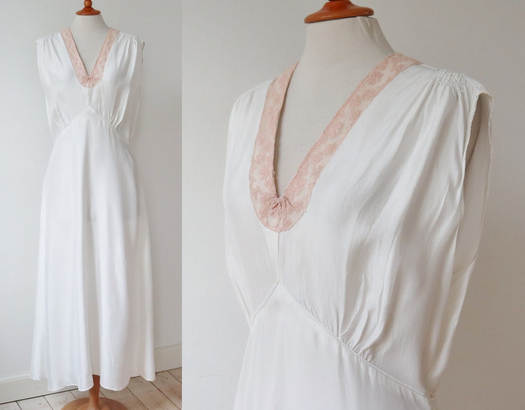 White Nightgown With Soft Pink Lace/light Blue Stitching & Tie Band ...