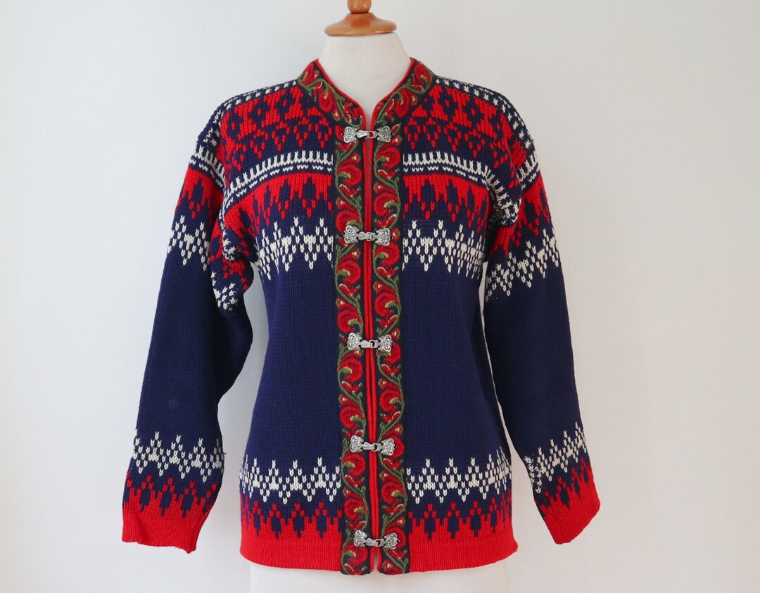 Blue Norwegian Vtg. Wool Cardigan With Red/white Pattern // Nesjar ...