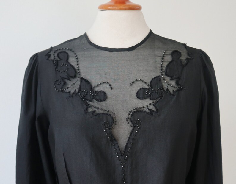 Black 80s Vtg. Silk Blouse // Sheer Neckline With Beads // - Etsy