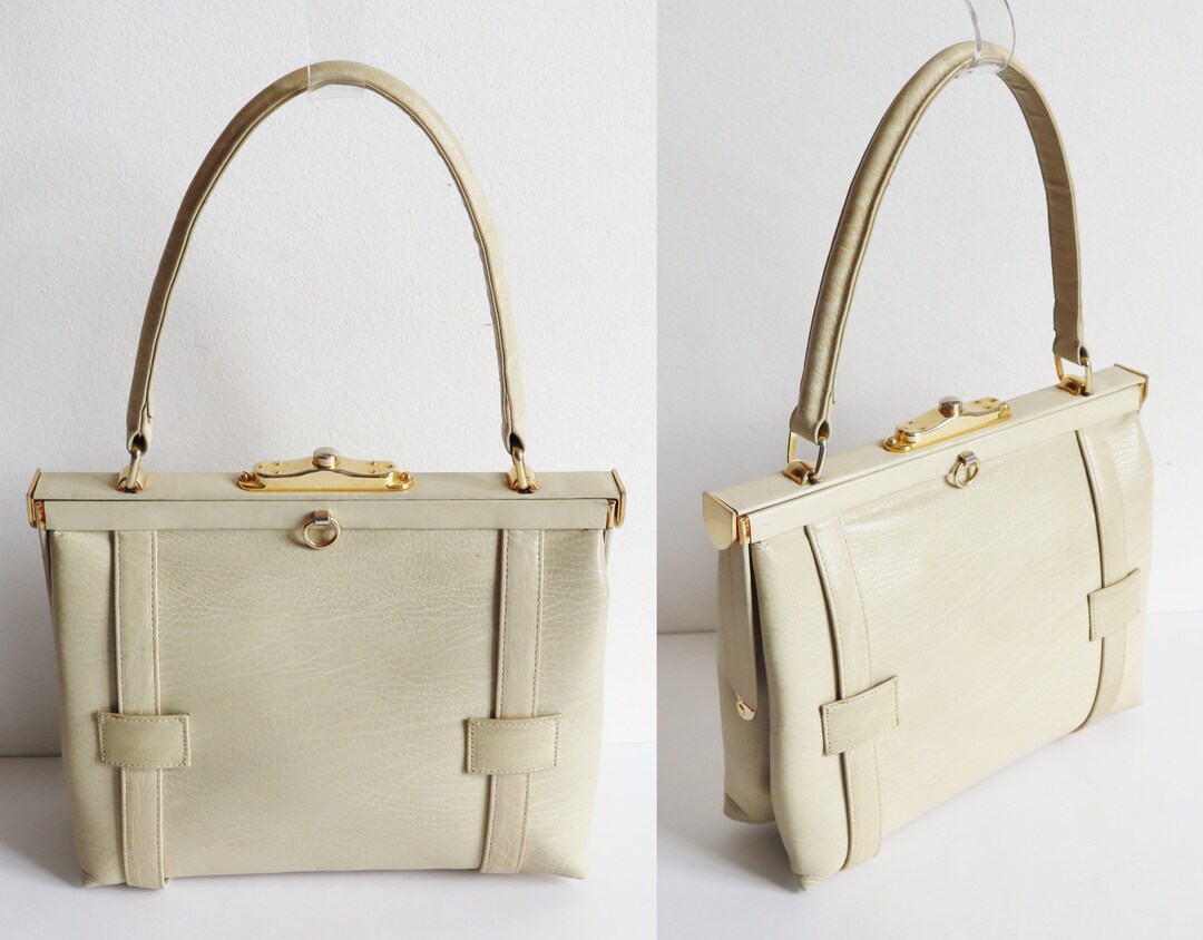 Sand Colored 60s Vtg. Top Handle Bag With Golden Closure & Straps ...