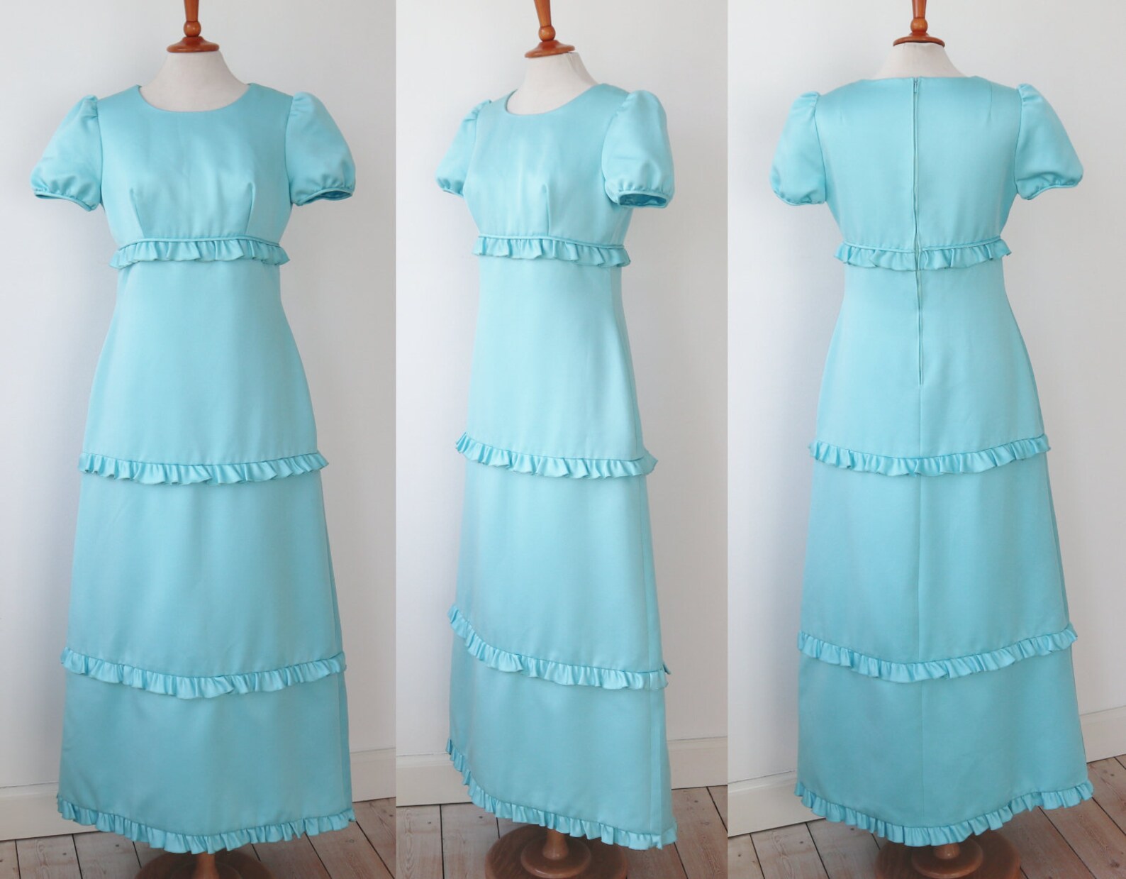 Turquoise Blue 70s Vtg. Maxi Dress With Ruffles/puff Sleeves // Size S ...