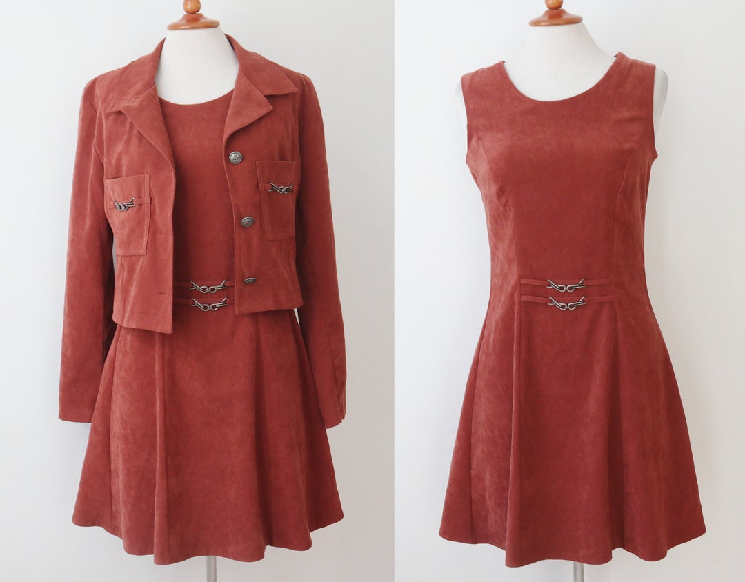 Brown 2 Piece Set // A-line Dress & Short Jacket With Metal Inserts ...