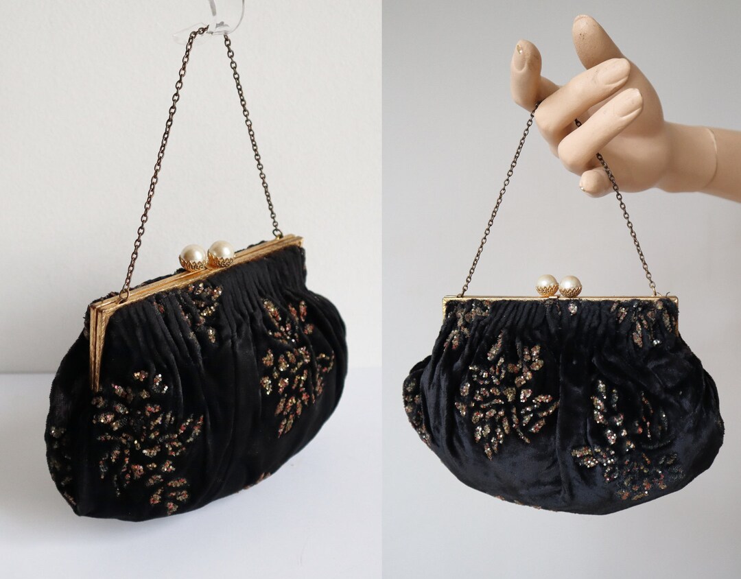 Lovely 50s Black Velvet Top Handle Bag With Pink Leaf Glitter // Golden ...