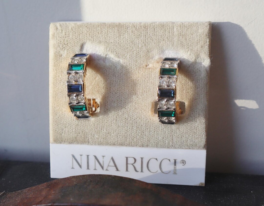 Golden DEADSTOCK Nina Ricci Vtg. Ear Clips With Clear/green Rhinestones ...