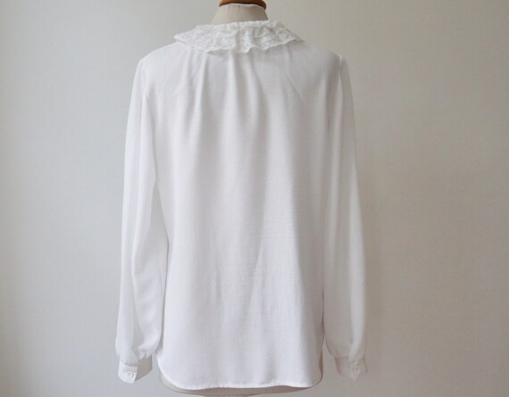White 80s Airy Textured Blouse With Collar & Tie Band… - Gem