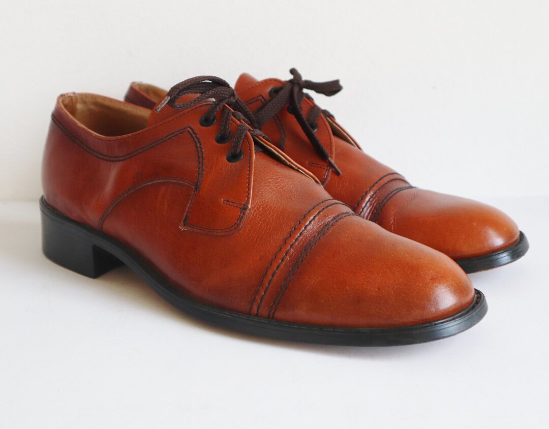 Cognac Brown 70s80s Lace up Mens Leather Shoes With Black Stitching ...