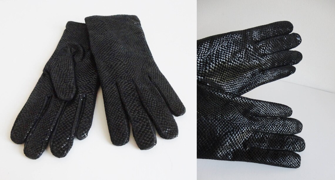 Black DEADSTOCK Leather Gloves // Shiny Faux Snake Print // - Etsy