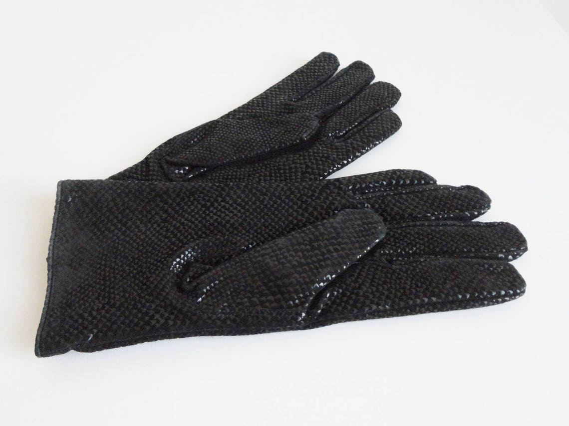 Black DEADSTOCK Leather Gloves // Shiny Faux Snake Print // - Etsy