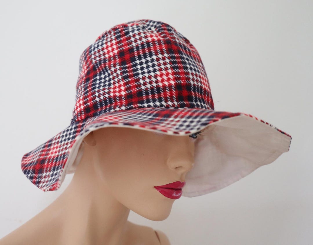 Wide Brimmed 60s Hat // Blue White Red Checkered With Cotton Lining ...