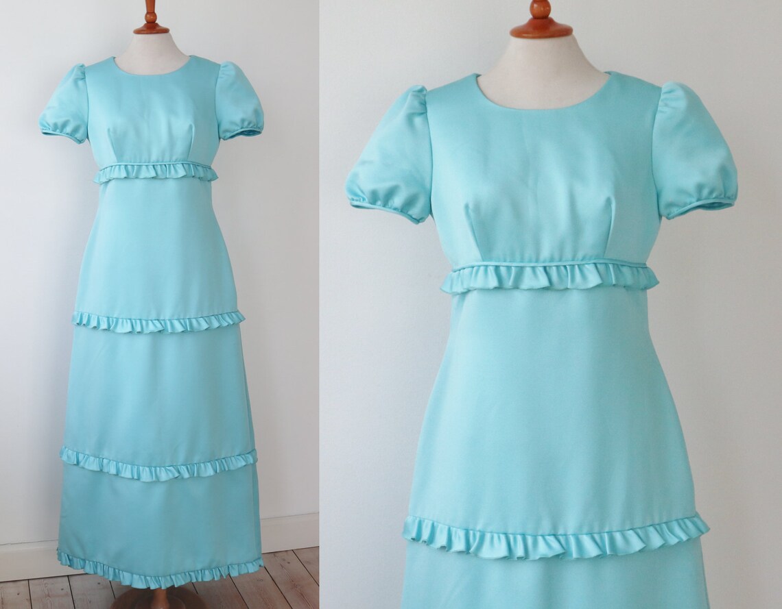 Turquoise Blue 70s Vtg. Maxi Dress With Ruffles/puff Sleeves // Size S ...