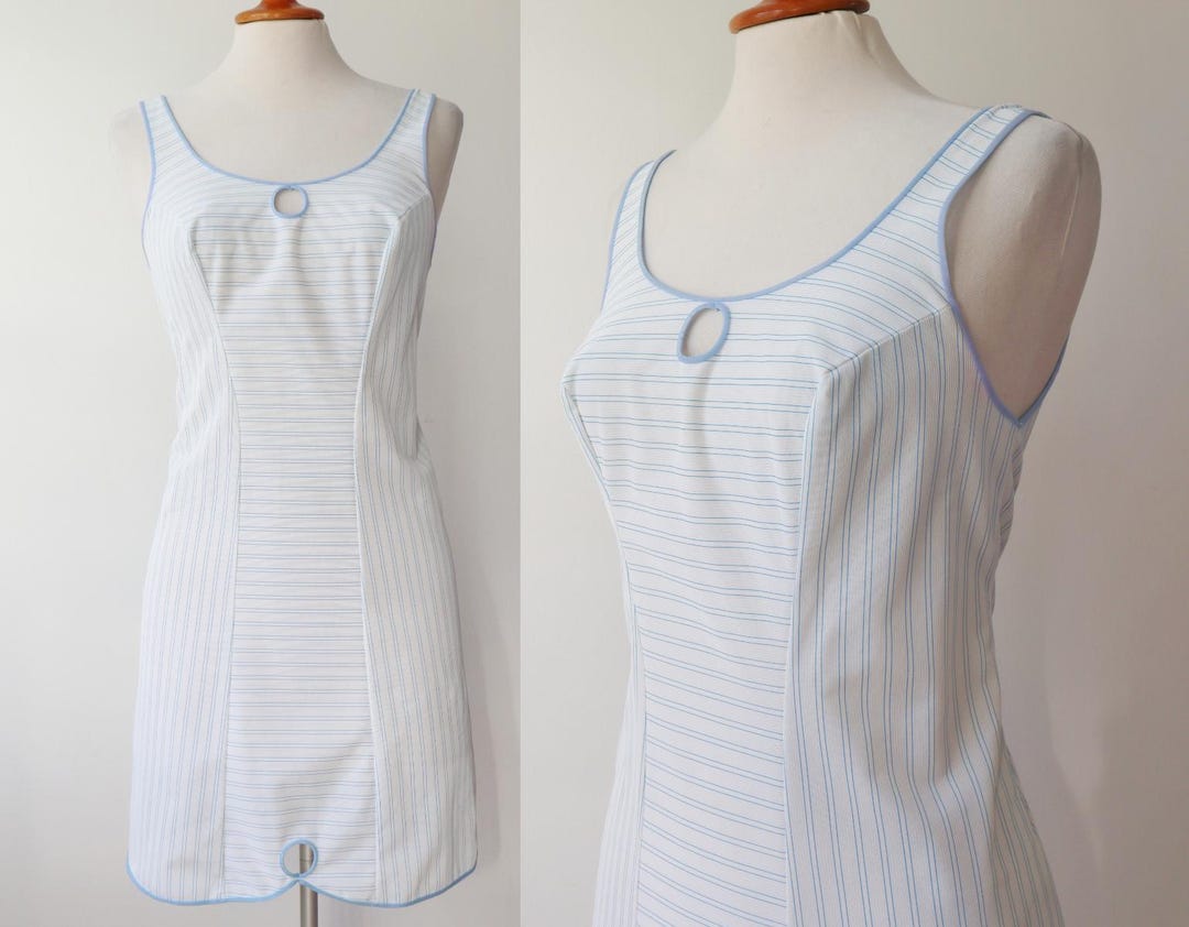 Beautiful White 60s Slip Dress With Light Blue Stripes & Cut Out on Top ...