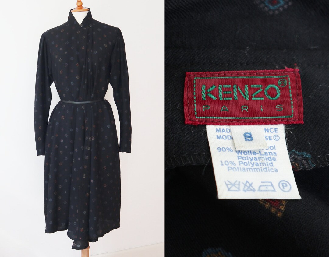 Fabulous Black Kenzo Paris Vtg. Wool Dress With Lovely Print // Size S ...