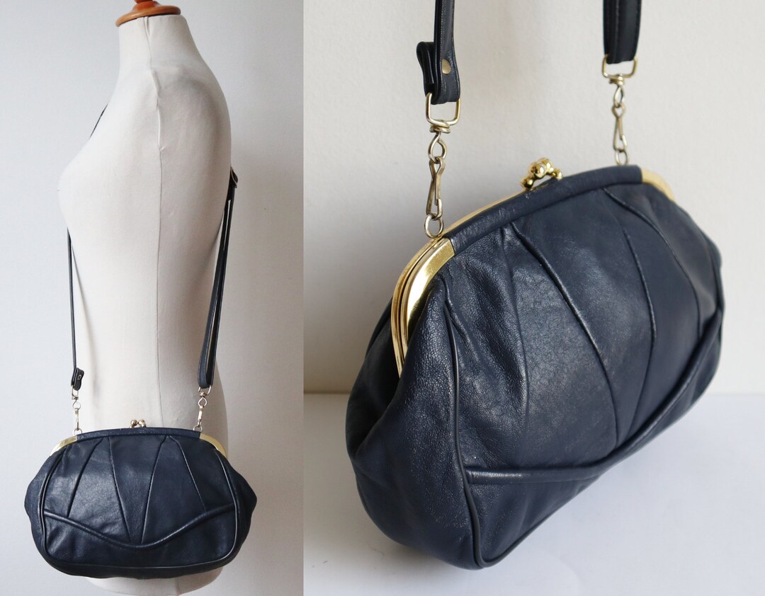 Dark Blue 80s Vtg. Vegan/leather Shoulder/crossbody Bag With Golden ...
