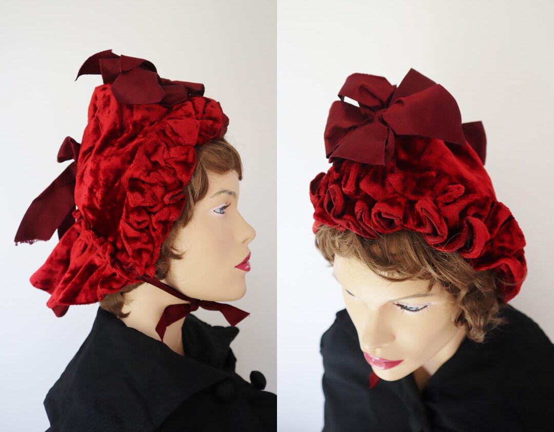 Red Velvet Draped Bonnet Hat With Bows // Handmade - Etsy