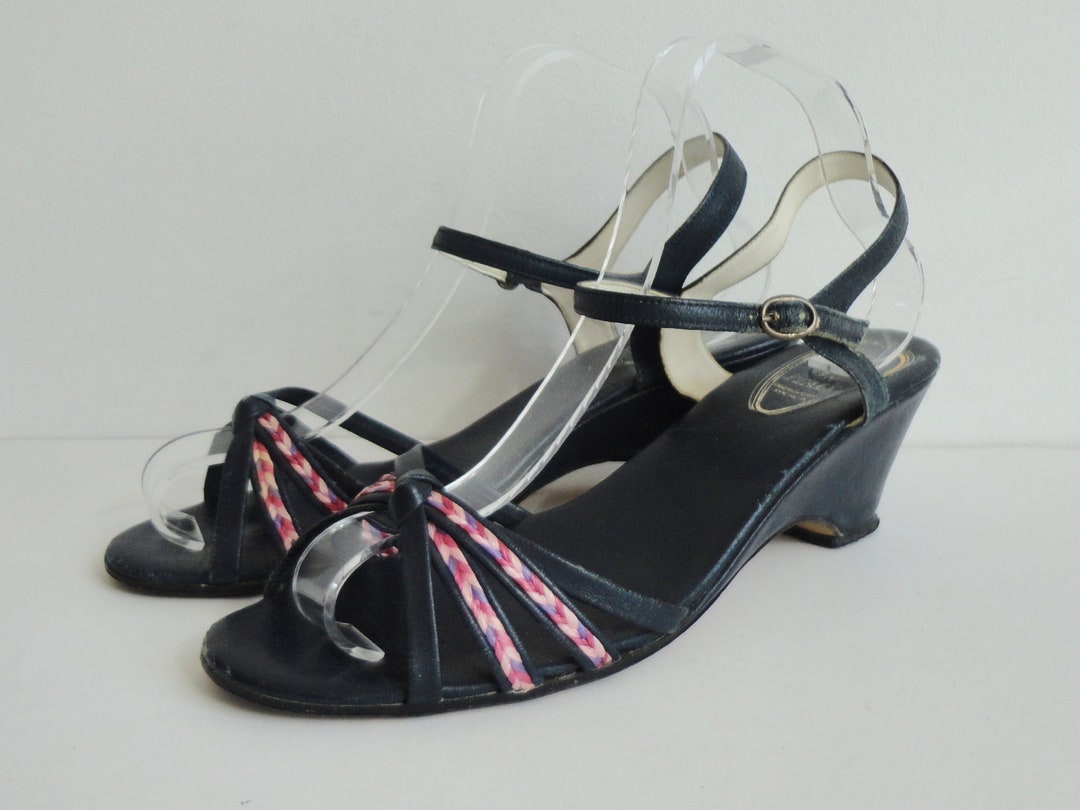 Dark Blue 80s Vintage Wedges With Pink/purple Straps // Confort // Size ...