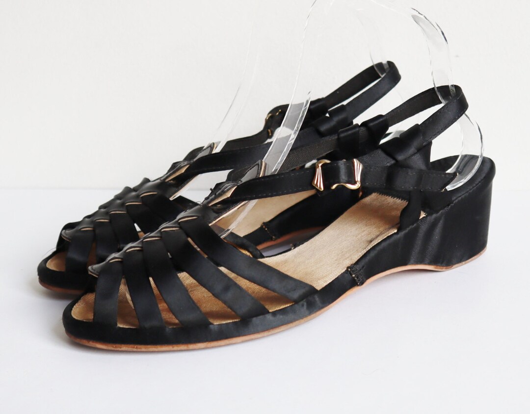 Rare Black 40s Satin Sandals With Vinyl Front Insert // Bata // Size EU ...